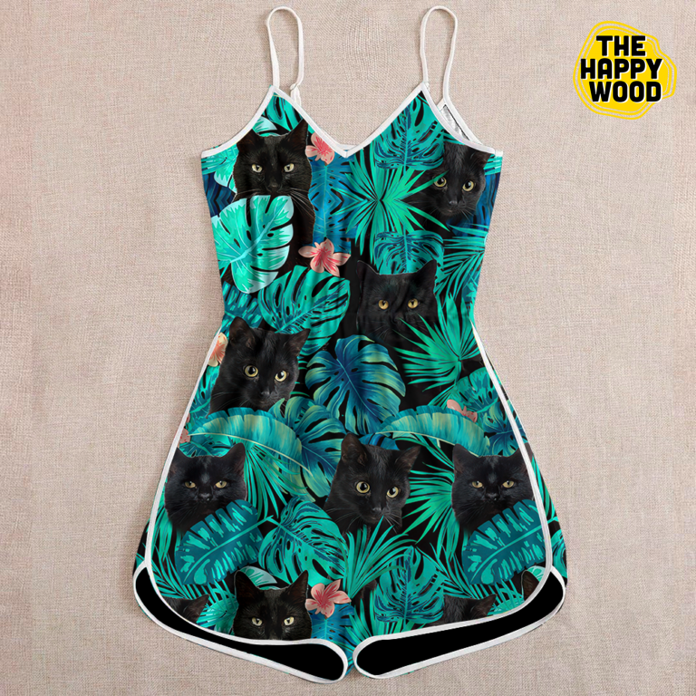 Black Cat Tropical Rompers For Women - The Happy Wood